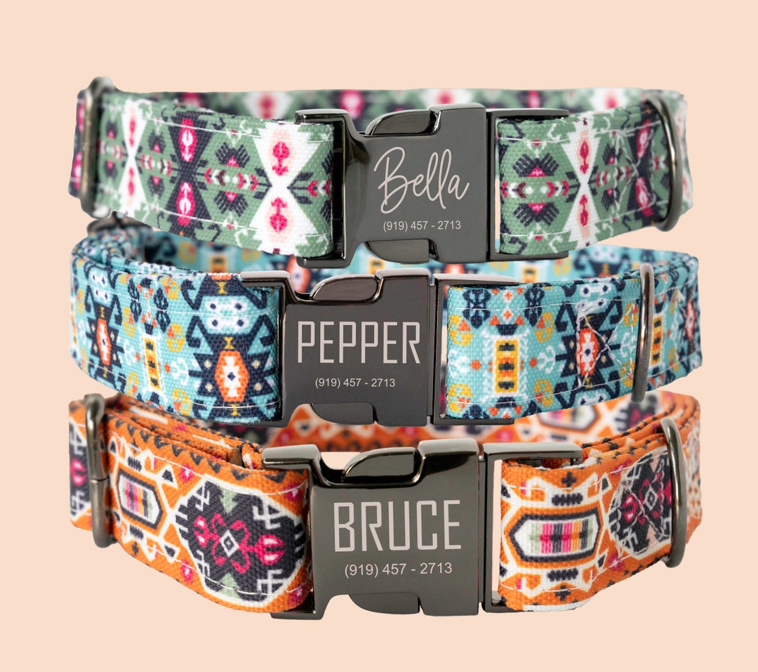 Personalized Dog Collar - Graphic Boho Pattern - Engraved Metal Buckle ...