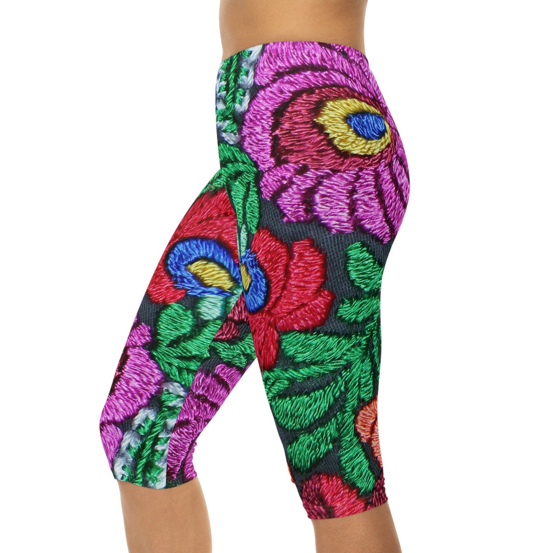Mexican Embroidery Colorful Capri Leggings - Etsy
