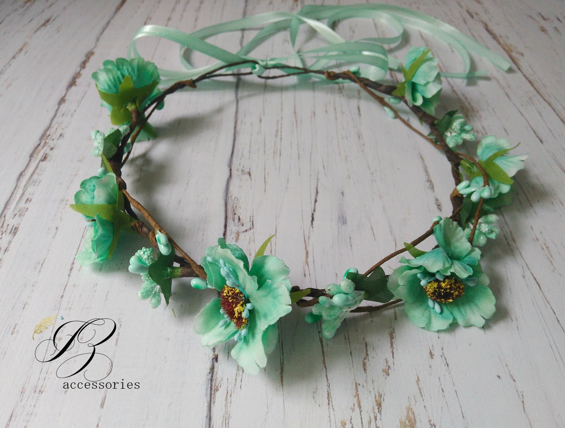 Mint Flower Crown Rustic Wedding Boho Hair Wreath Poppy Crown - Etsy