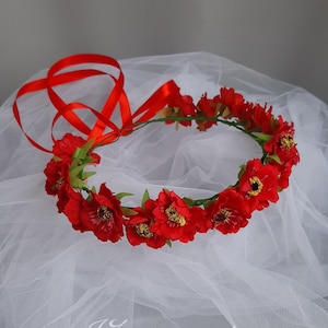 Red Poppy Wedding Flower Crown Boho Hair Wreath Bridal Headpiece ...