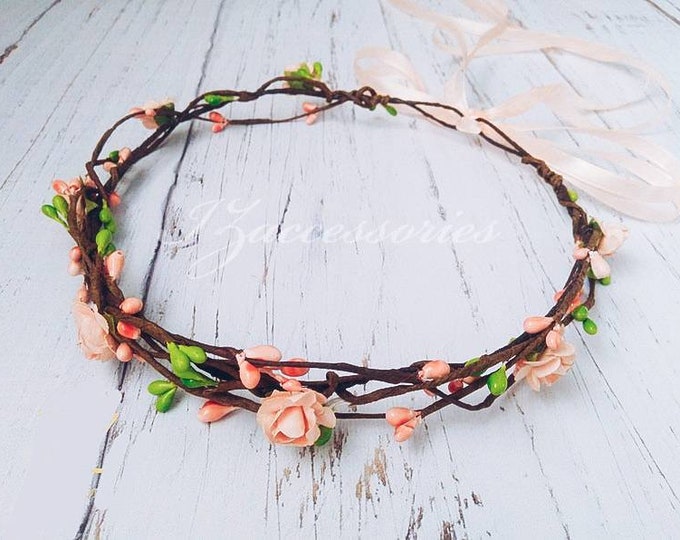 Peach Wedding Flower Crown Rose Hair Wreath Berry Bridal | Etsy