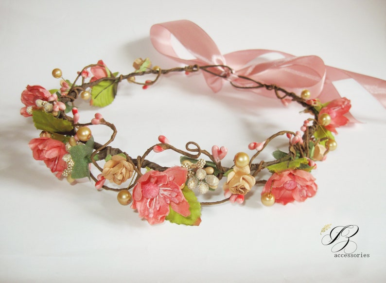 Coral Flower Crown: Bridal Headpiece, Boho Wedding Halo - Etsy