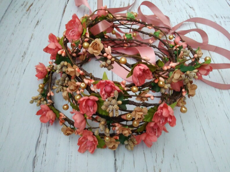 Coral Flower Crown: Bridal Headpiece, Boho Wedding Halo - Etsy