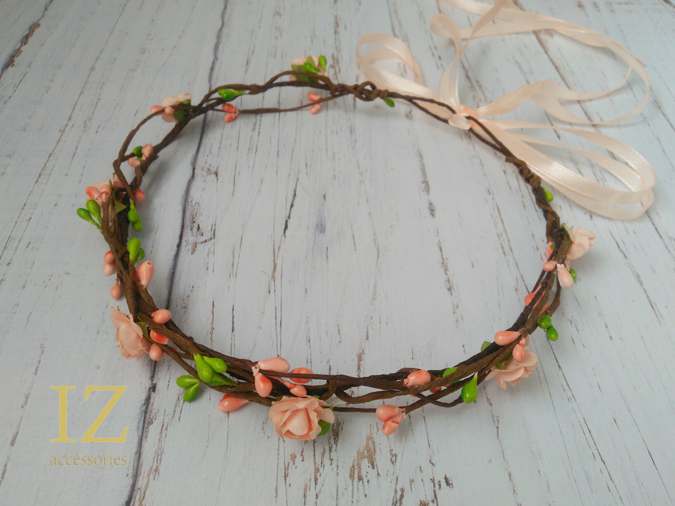 Peach Wedding Flower crown Rose Hair wreath Berry Bridal | Etsy