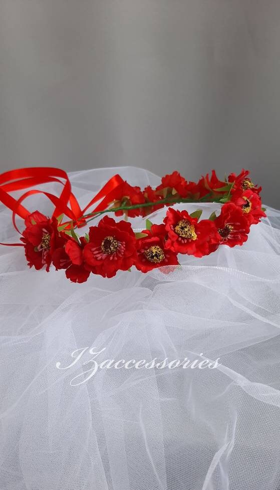 Red Poppy Wedding Flower Crown Boho Hair Wreath Bridal | Etsy