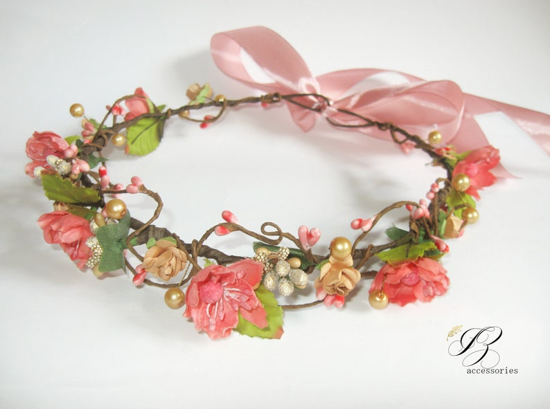 Coral Flower Crown: Bridal Headpiece, Boho Wedding Halo - Etsy
