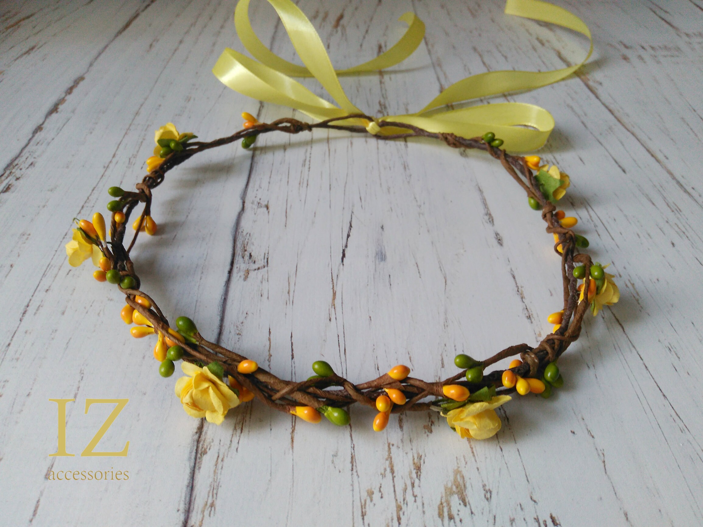 Yellow Wedding Flower crown Roses Hair wreath Berry headpiece | Etsy