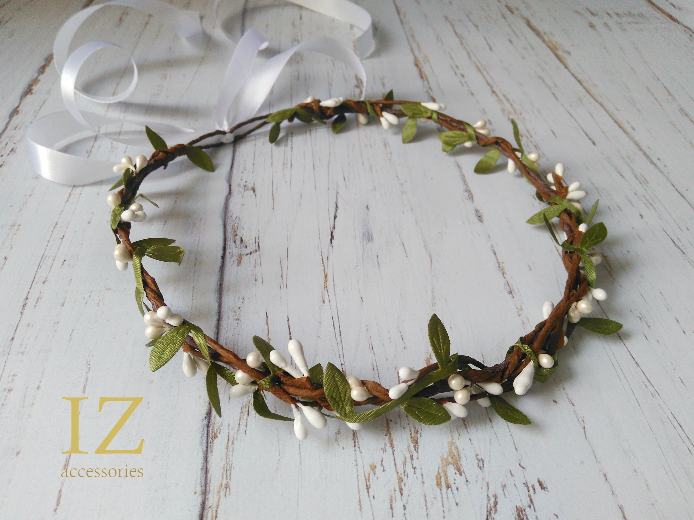 White Green Berry Crown Boho Hair Wreath Flower Leaf Crown - Etsy