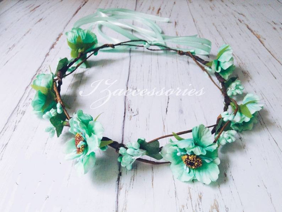 Mint Flower Crown Rustic Wedding Boho Hair Wreath Poppy Crown - Etsy