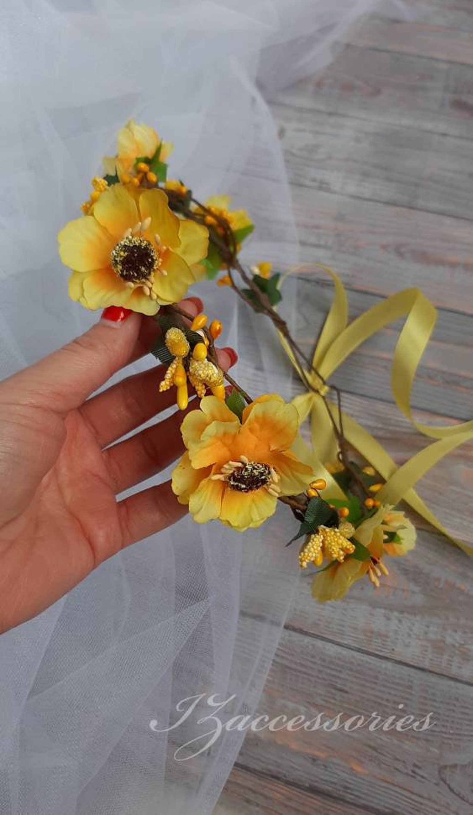 Yellow Flower Crown Rustic Wedding Boho Hair Wreath Poppy Hair | Etsy