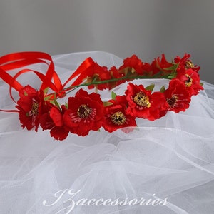 Red Poppy Wedding Flower Crown Boho Hair Wreath Bridal Headpiece ...