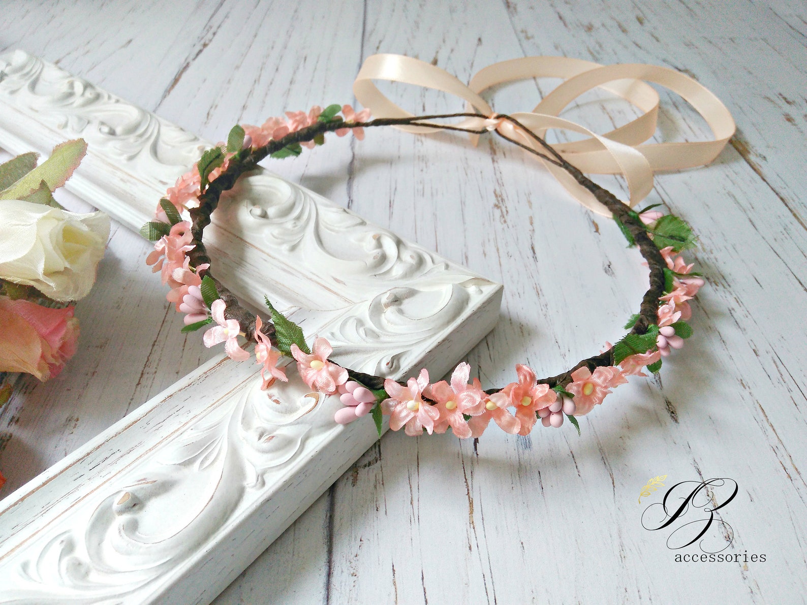 Delicate Peach Flower Crown Rustic Wedding Bridal Hair Piece | Etsy