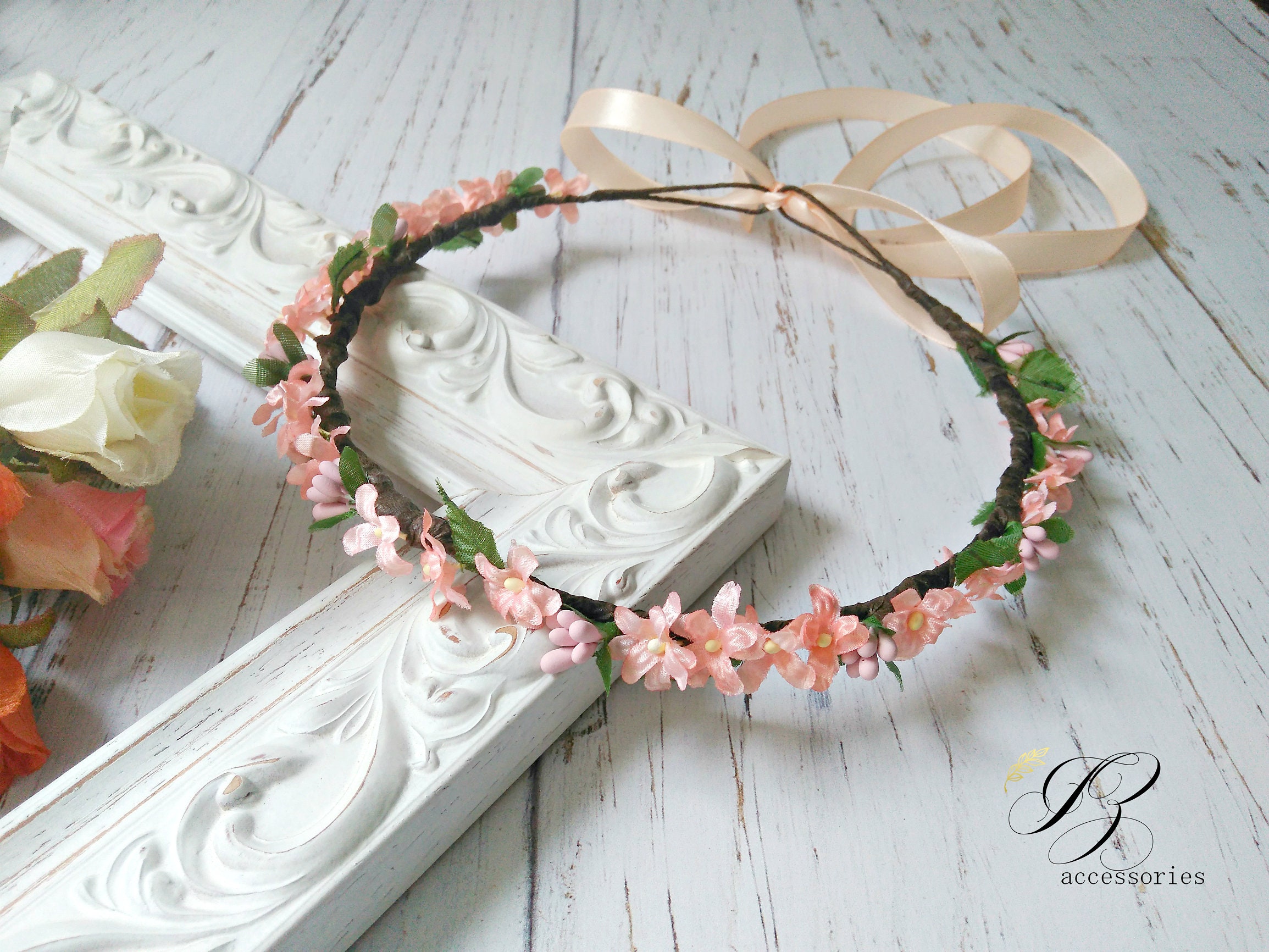 Delicate Peach Flower Crown Rustic Wedding Bridal Hair Piece | Etsy