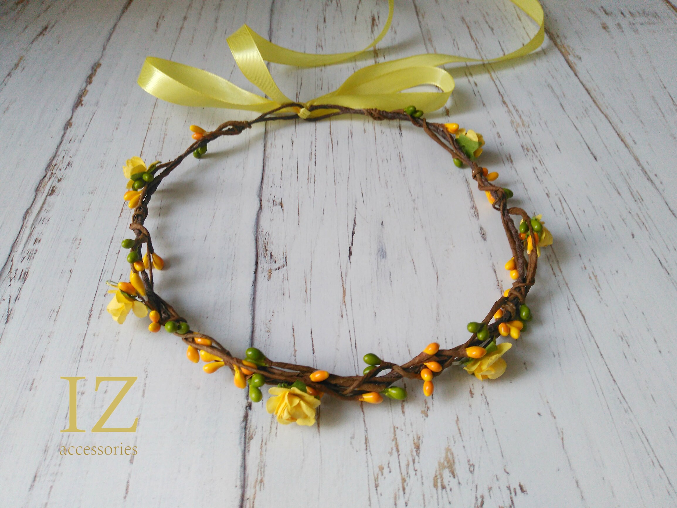 Yellow Wedding Flower crown Roses Hair wreath Berry headpiece | Etsy