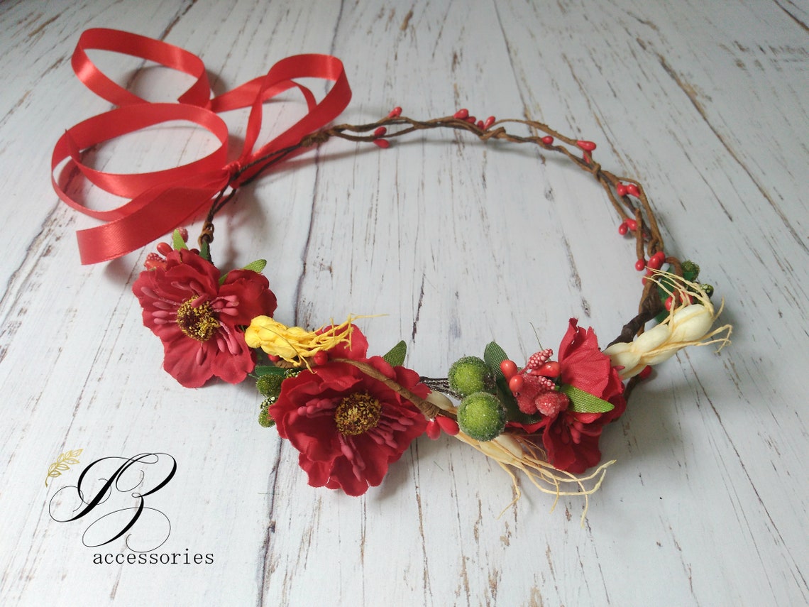 Red Poppy Flower Crown: Rustic Wedding Headpiece, Boho Bridal Halo - Etsy