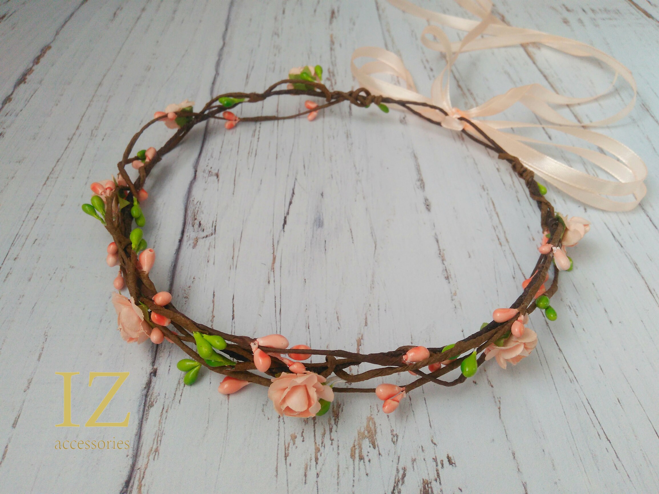 Peach Wedding Flower crown Rose Hair wreath Berry Bridal | Etsy