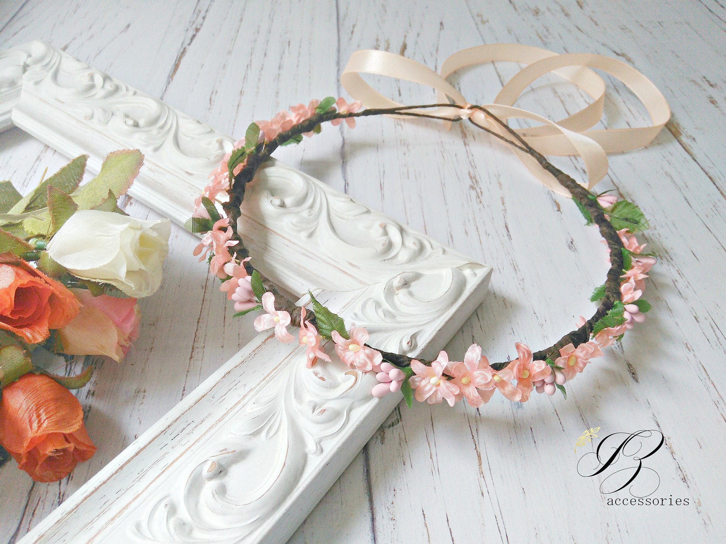 Delicate Peach Flower Crown Rustic Wedding Bridal Hair Piece | Etsy