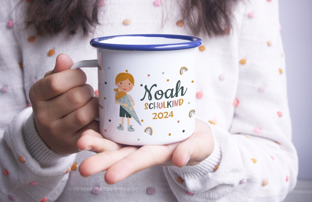 Emailletasse zur Einschulung mit Namen, schulkind 2022, Tasse für Schulkind mit Namen, Geschenk ...