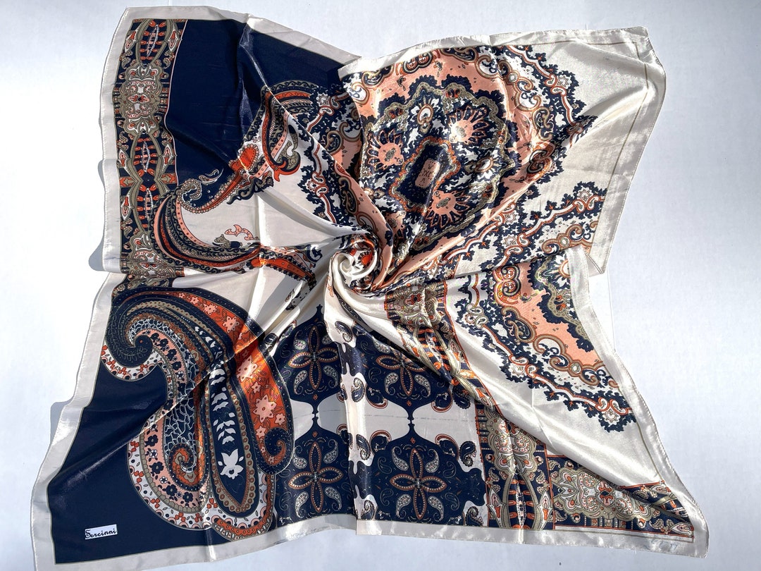 Large Satin Scarf/silky Hair Scarf/keys and Tassel Print 35 Square Neck ...