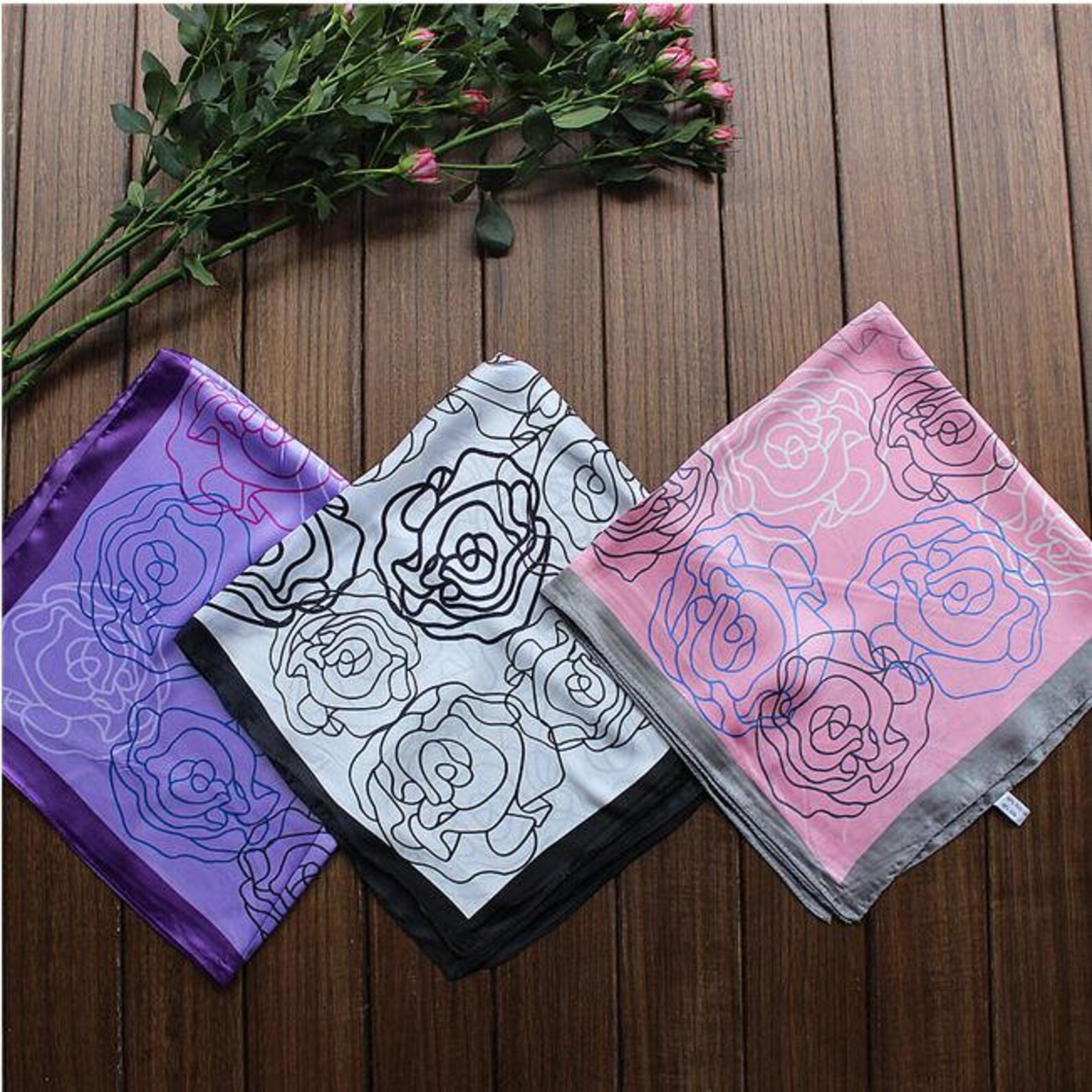 Rose Floral Print Square Scarves / Soft Silk Head Scarf / - Etsy