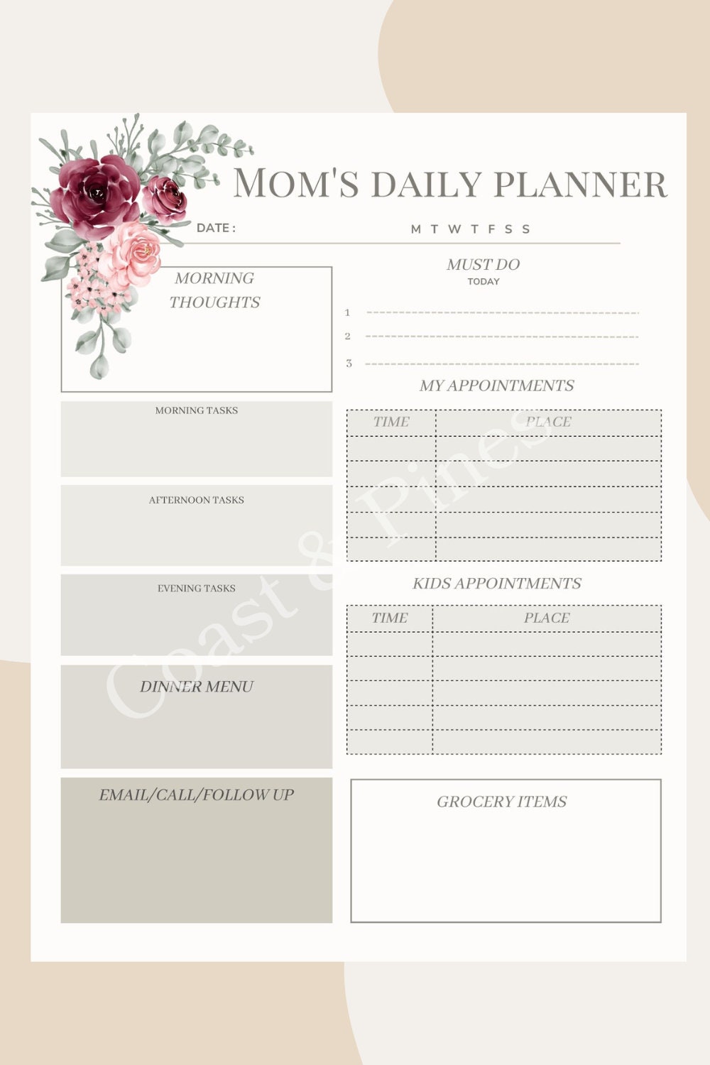 Daily Planner Template for Moms, Mother's Daily Planner, Instant ...