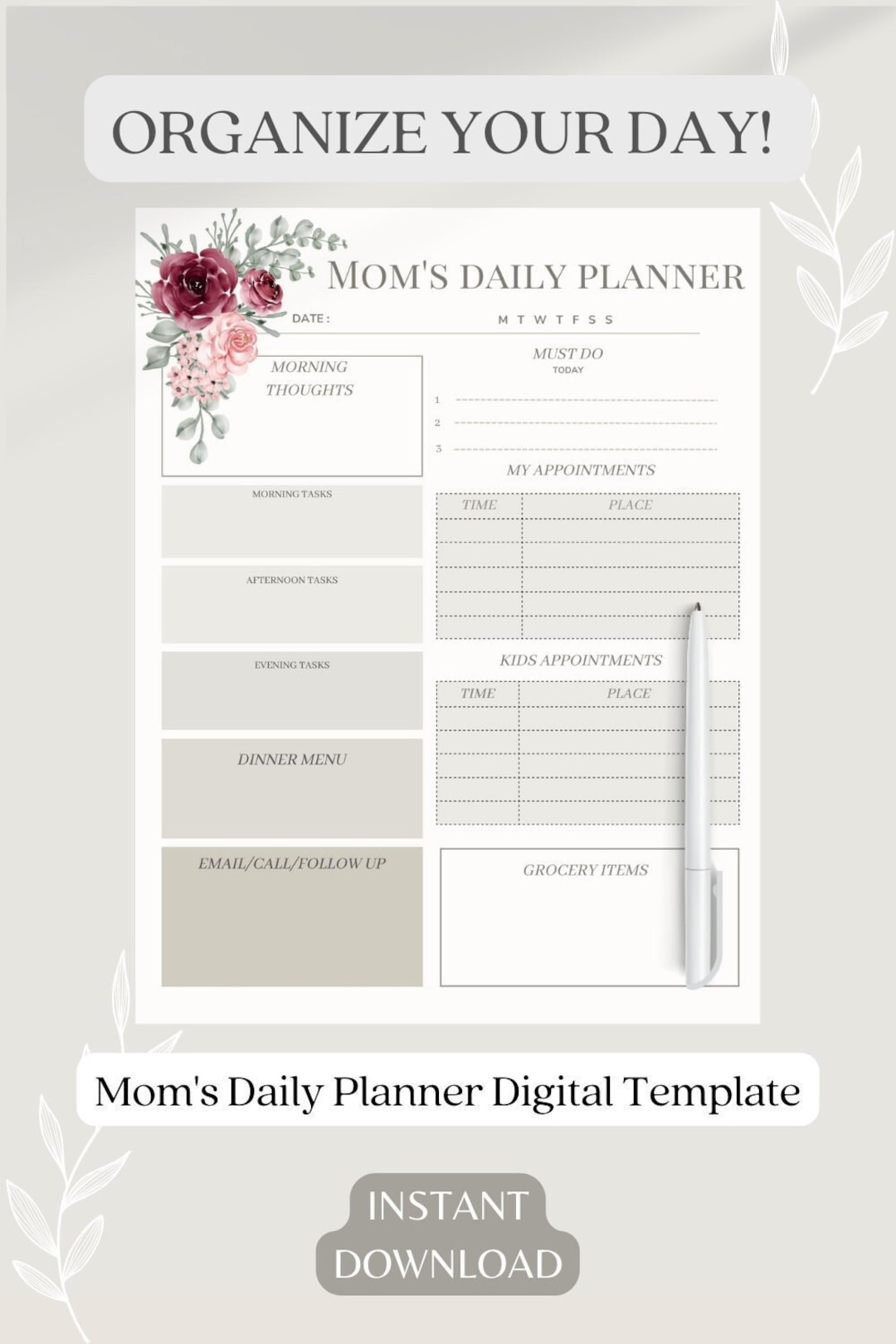 Daily Planner Template for Moms, Mother's Daily Planner, Instant ...