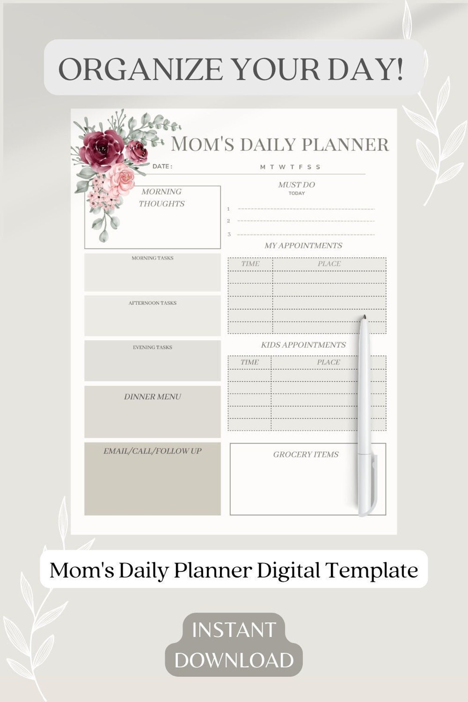 Daily Planner Template for Moms, Mother's Daily Planner, Instant ...