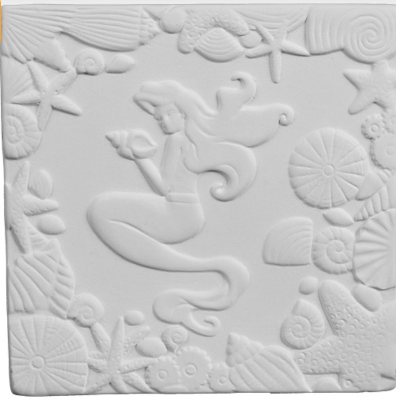 Unpainted Bisque Ceramic Mermaid Texture Tile 6", Ready to Paint W ...