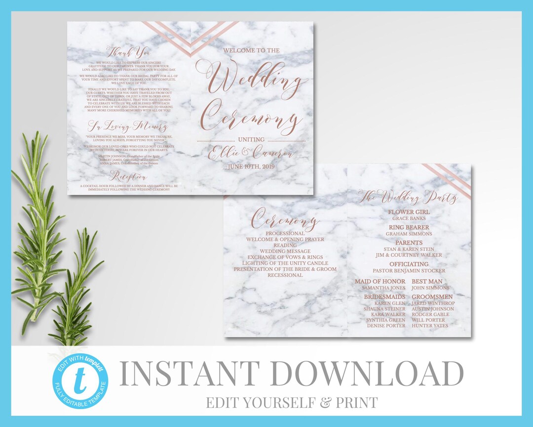 Printable Rose Gold Marble Wedding Folded Program // Rose Gold - Etsy