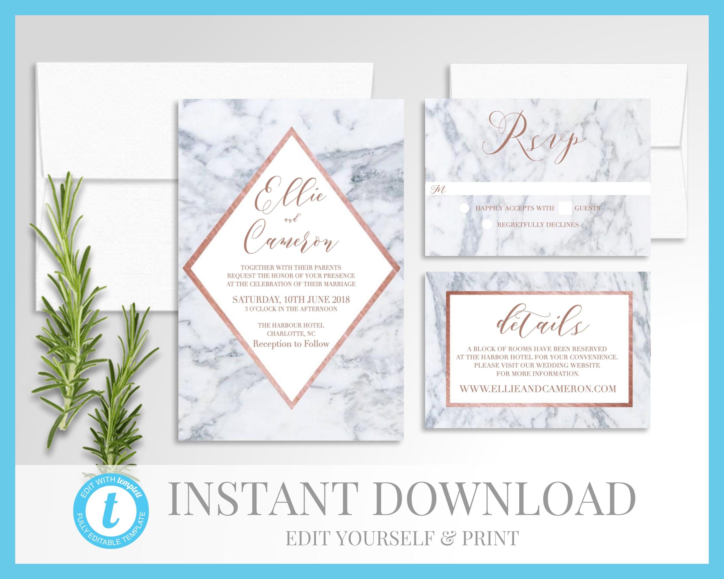 Printable Rose Gold Marble Wedding Invitation // Rose Gold and - Etsy
