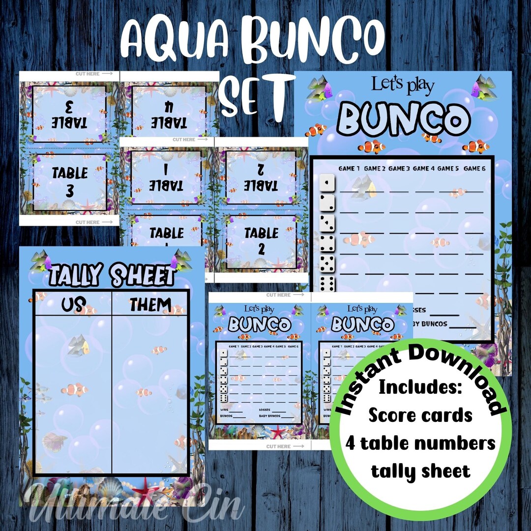 AQUA BUNCO SET, Score Cards, Tally Sheets, Table Cards, Baby Bunco ...
