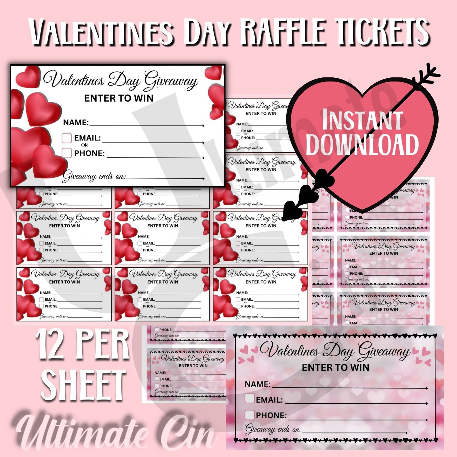 Raffle Tickets, Valentines Day, Love, Hearts, Digital Download, Instant ...