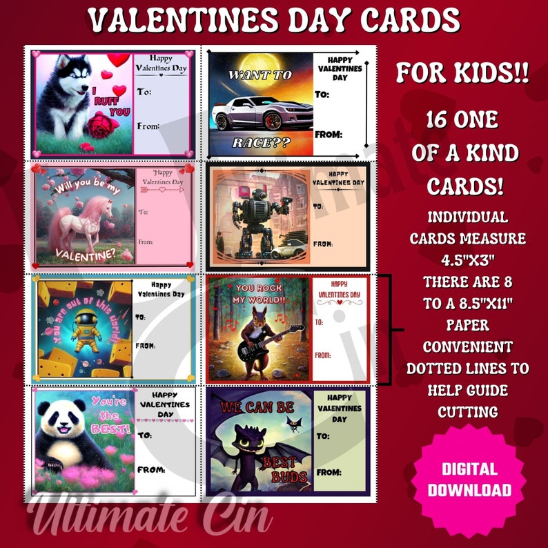 VALENTINES DAY Cards for Kids, Classrooms, Digital Download, Instant ...