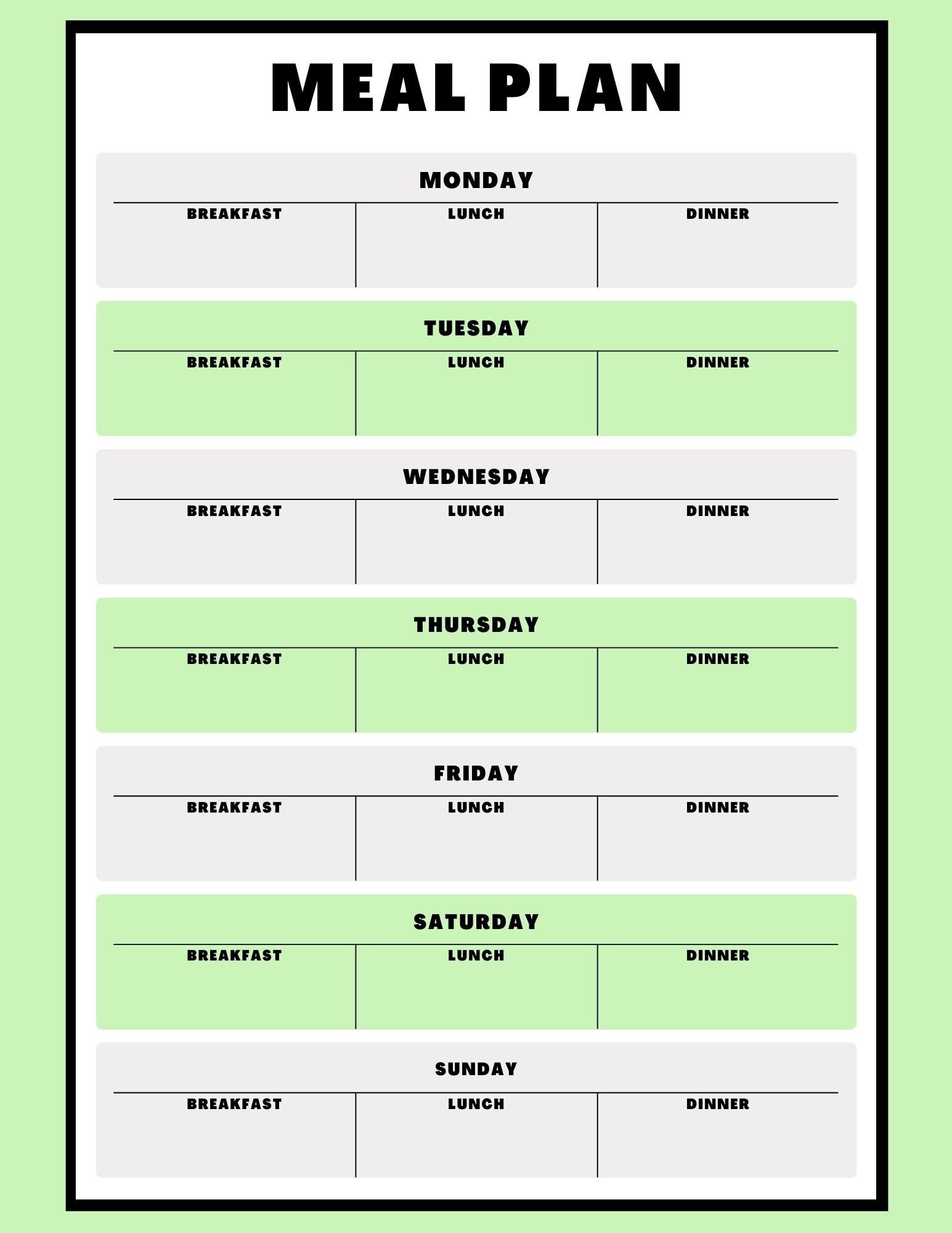 Blank Meal Plan, Instant Download, Re-printable, Digital Download ...
