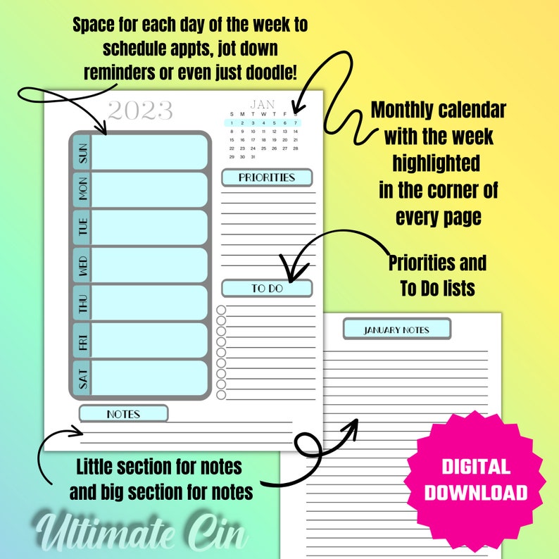 2023 Printable Monthly Planner, 12 Months, Daily, Weekly, Notes ...