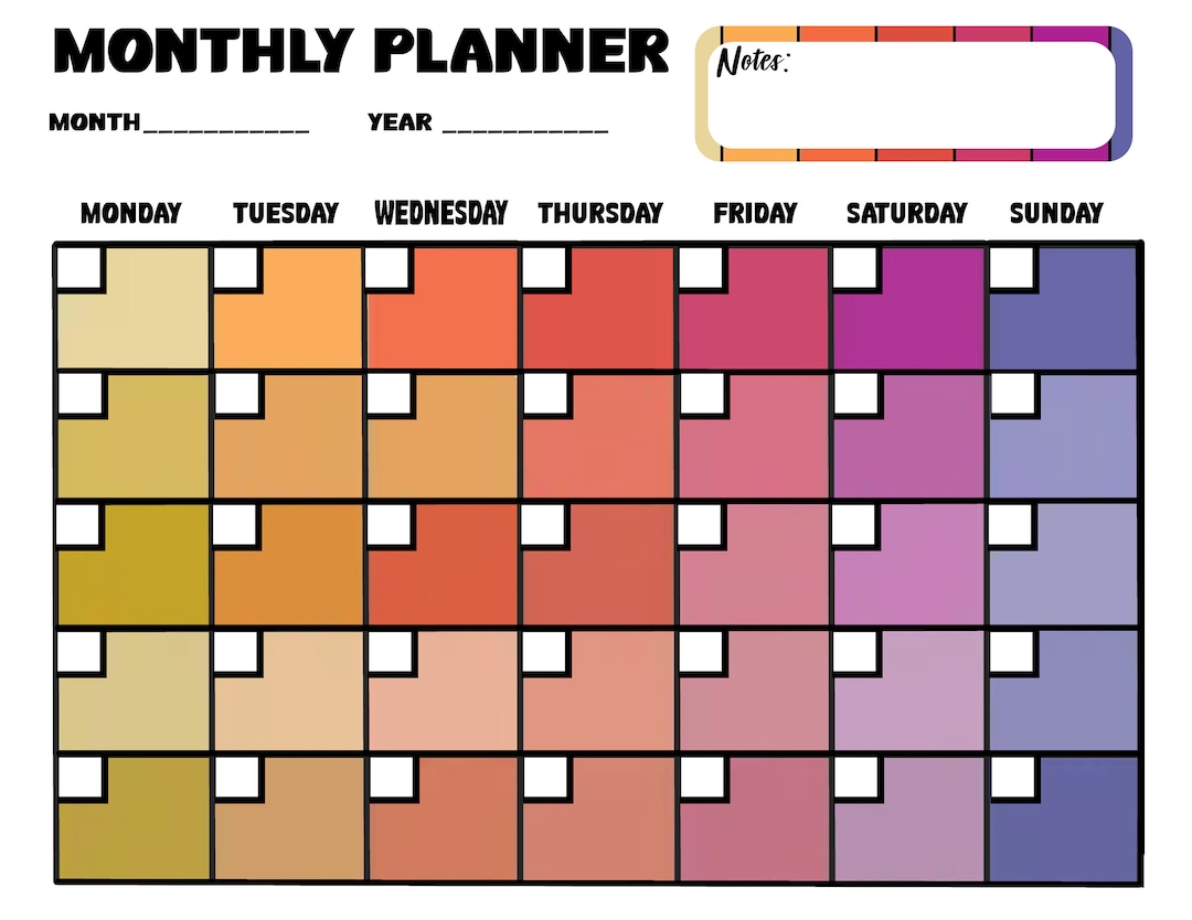 Monthly Planner, Blank Calendar, Colorful, Bright and Cheery, Home or ...