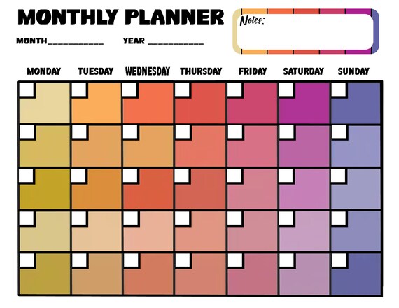 Monthly Planner Blank Calendar Colorful Bright and Cheery - Etsy