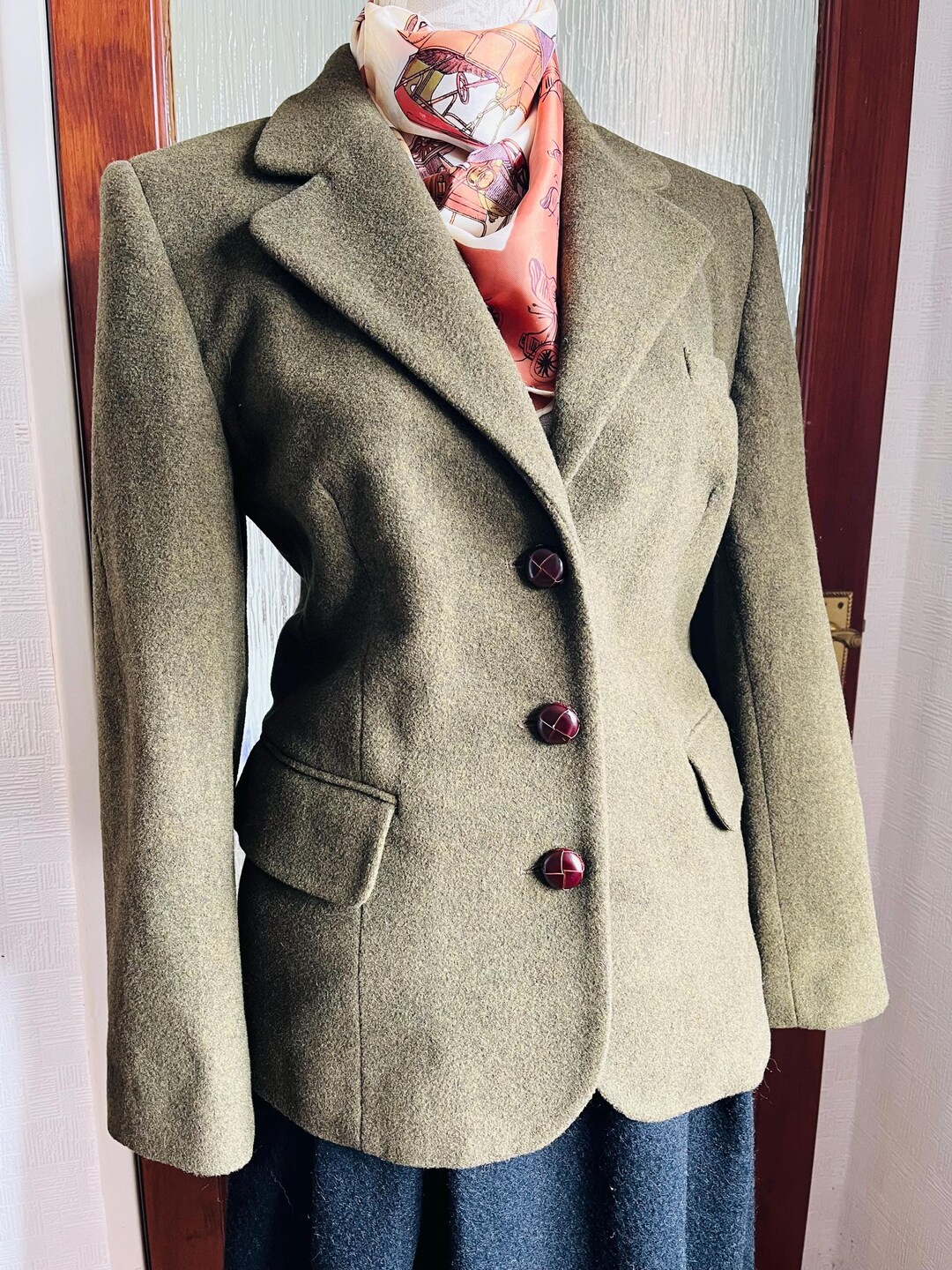 Vintage HOBBS Wool Jacket: Marilyn Anselm, Khaki Green, Single Breasted ...