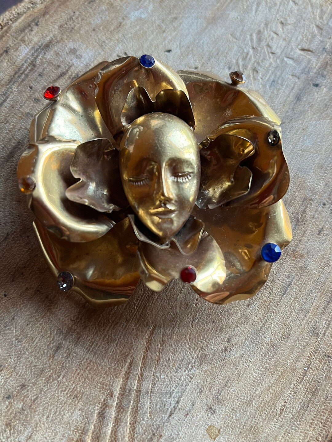 Female Face Brooch/floral Gold Metal Brooch/rhinestone/vintage Brooch ...