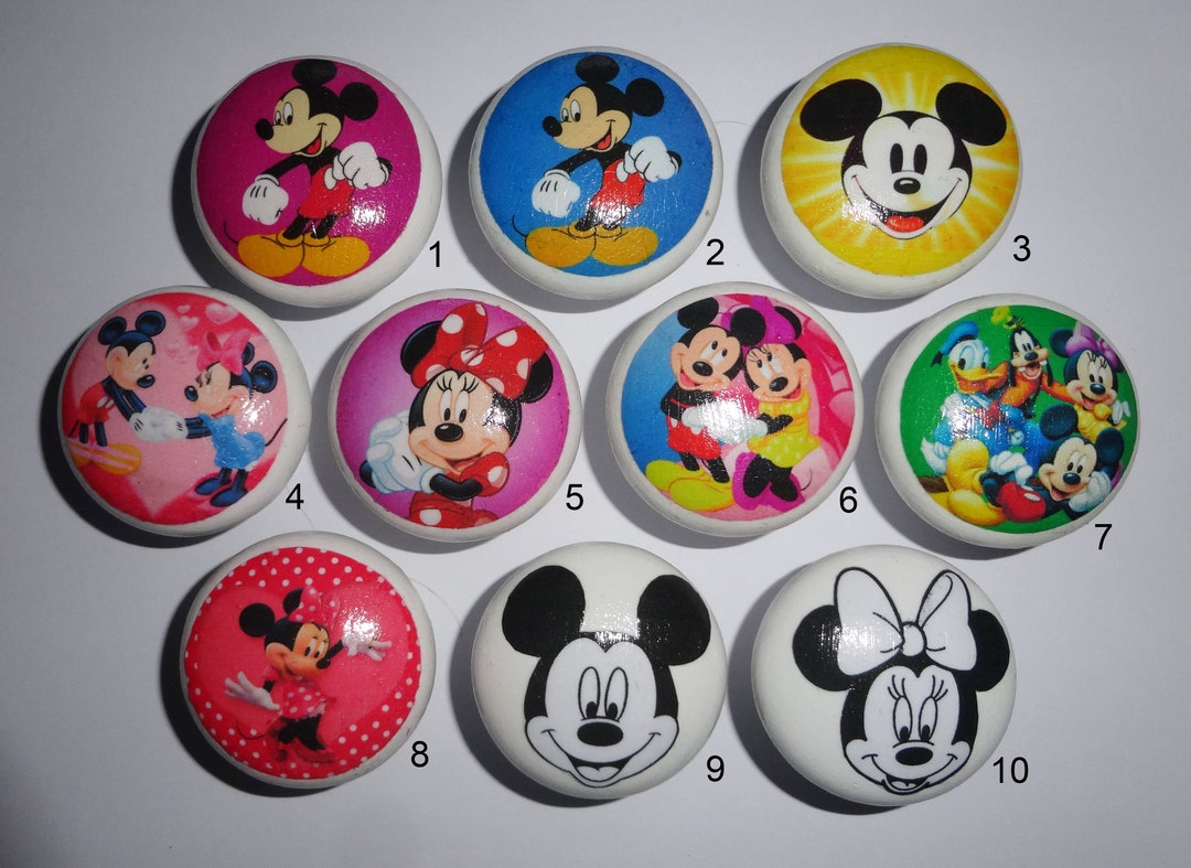 MICKEY & MINNIE Mouse White Painted Decorated Decoupaged Design Wooden Door Drawer Knobs Cartoon ...