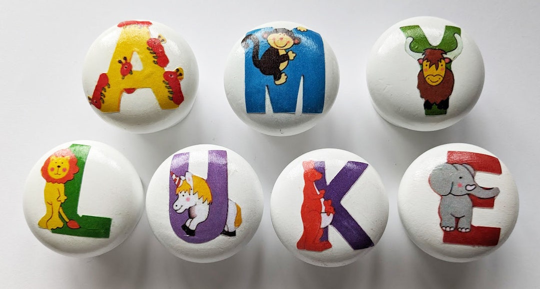 ALPHABET LETTERS DECOUPAGE Door Drawer Knobs Pulls White Painted Hand ...