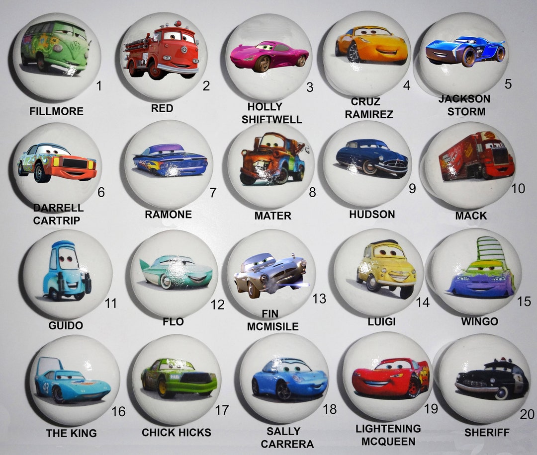 CARS Cartoon Wooden Door Drawer Knobs White Painted Decorated Decoupage ...
