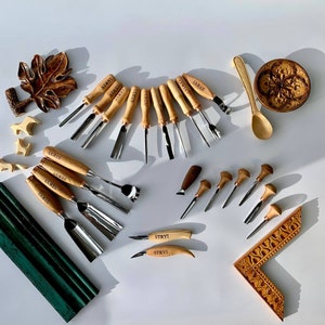 Wood Carving Set of 23 Tools, Large Bent Gouge, Flat Chisel, Palm ...