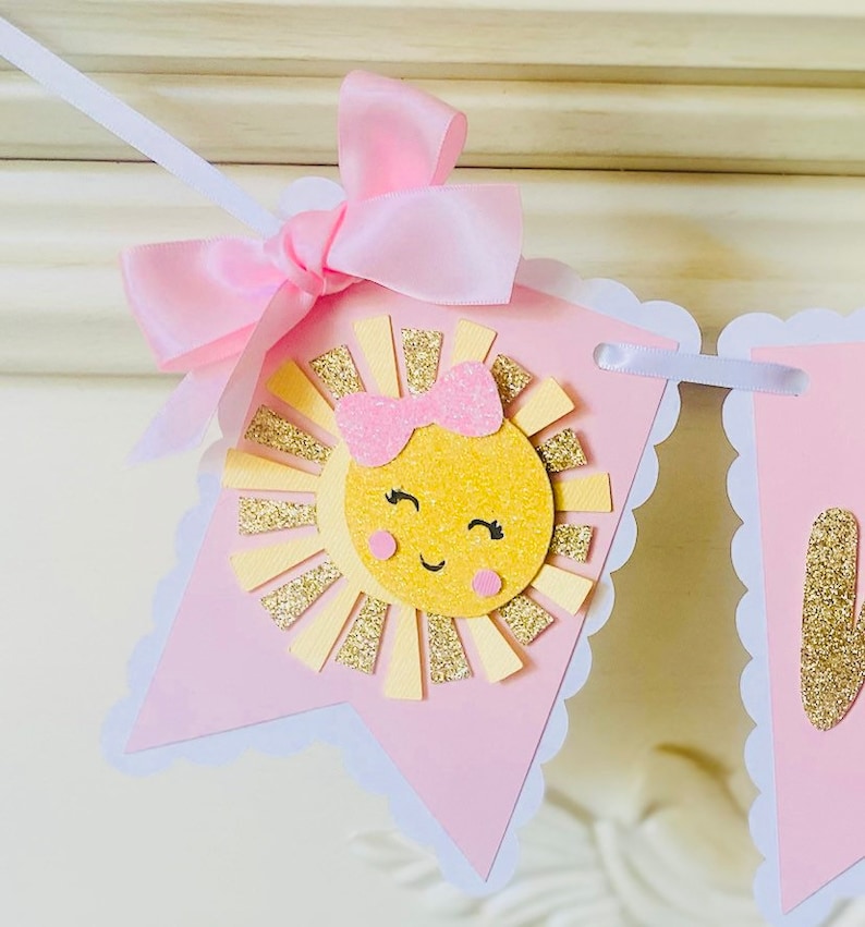 Sunshine Birthday Banner: Pink & Yellow Glitter Party Decor - Etsy