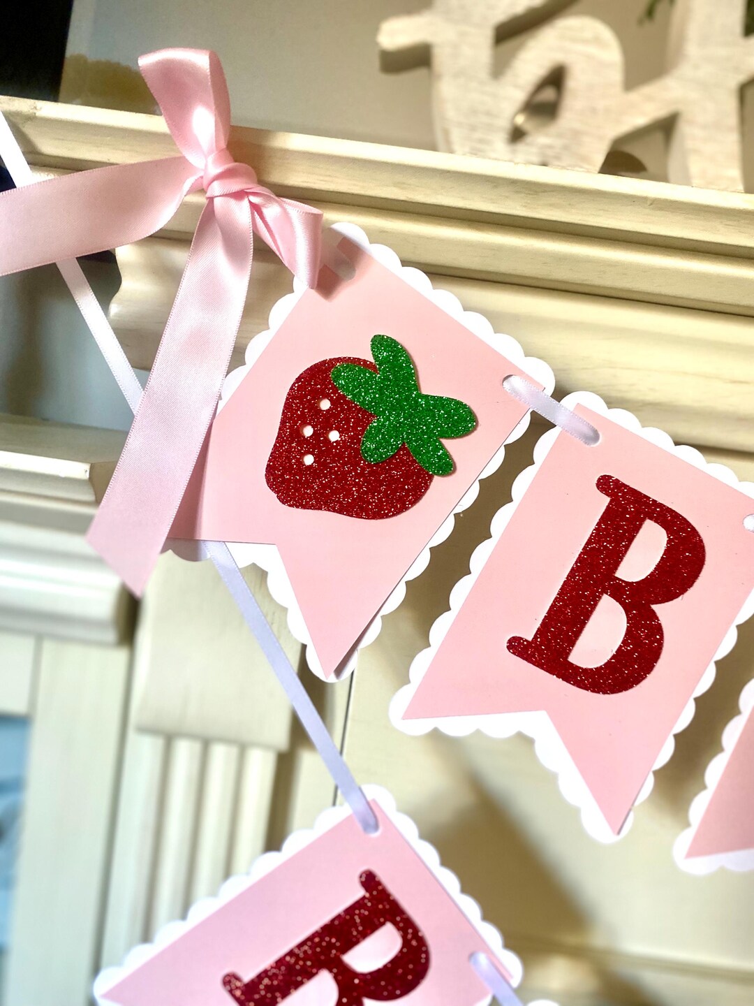 Strawberry Birthday Banner: Red & Pink Glitter, Berry First Birthday - Etsy