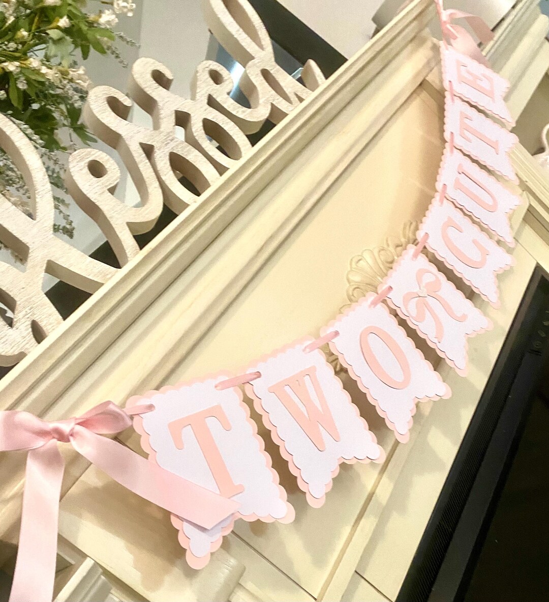 Two Cute 2nd Birthday Decorations, Bow Two Cute Banner, Coquette Pink ...