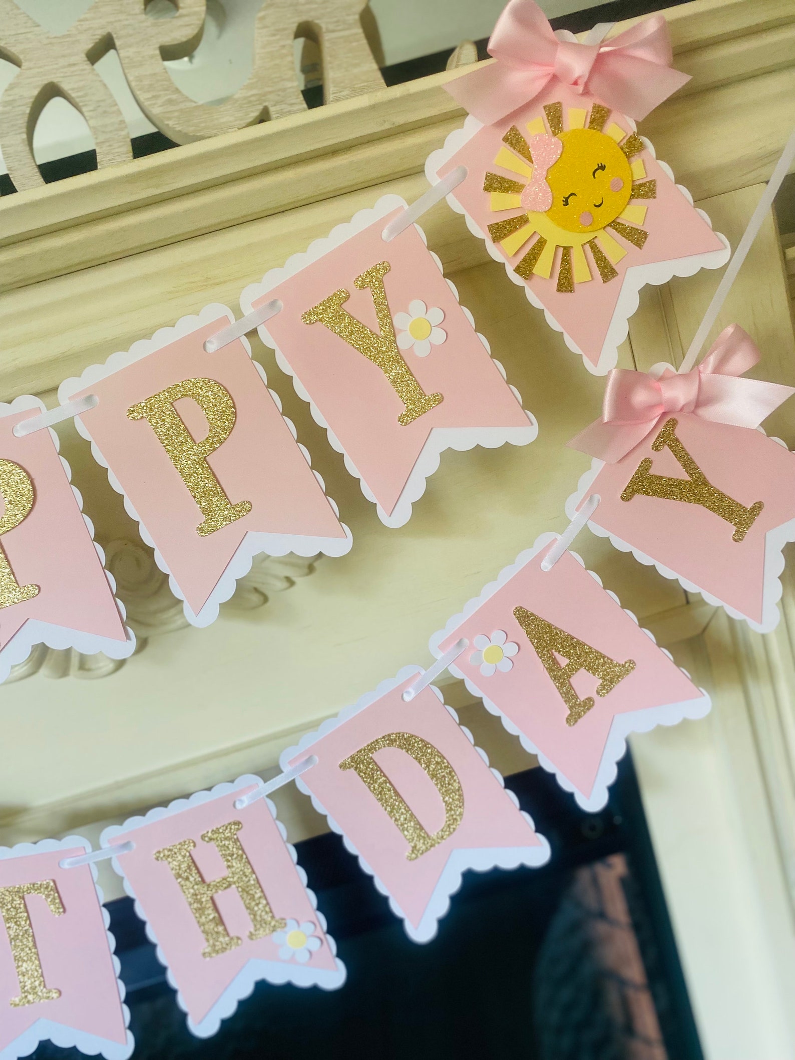 Sunshine Birthday Banner: Pink & Yellow Glitter Party Decor - Etsy