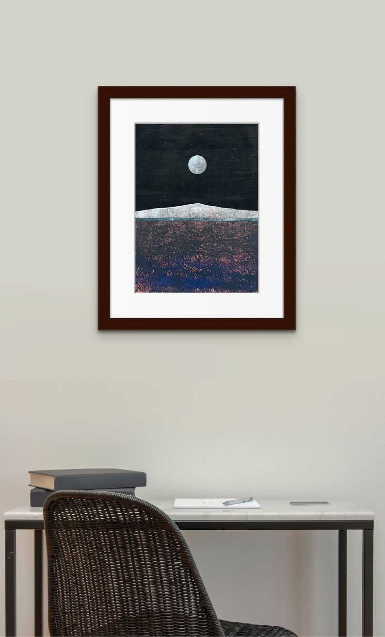 Original Collage Painting of Mountain and Full Moon With Texture - Etsy