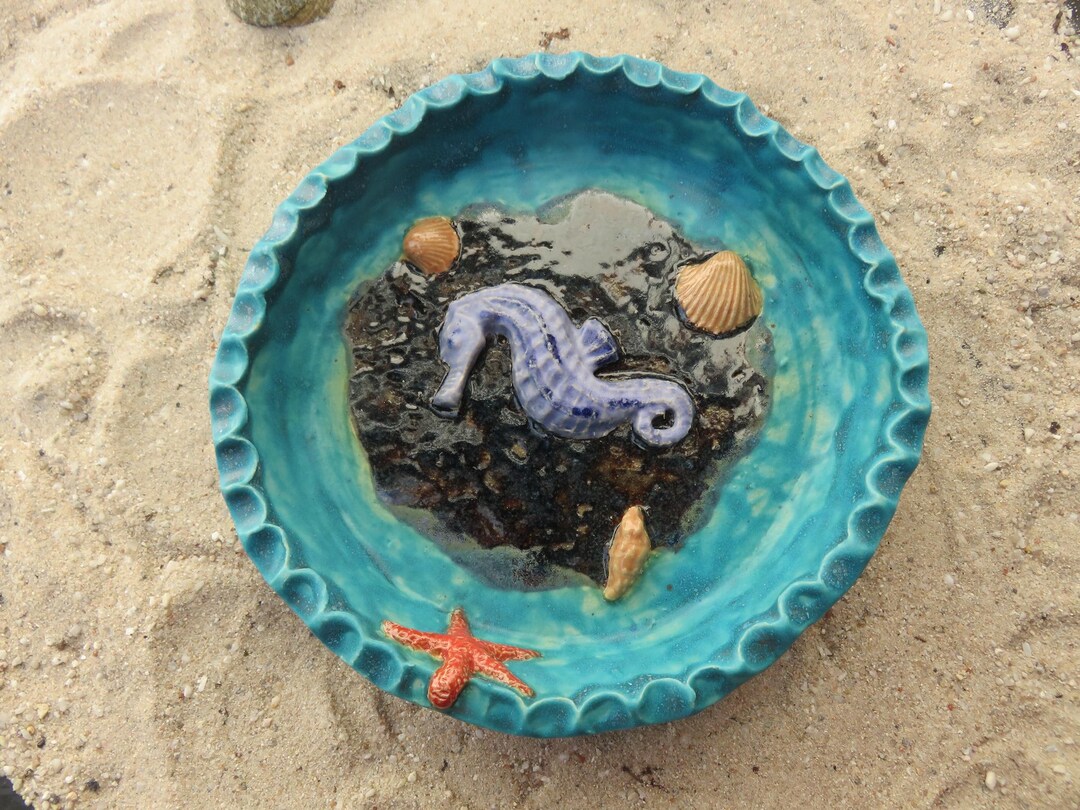 Ceramic Bowl Insect Waterer, Bird Bath With Seahorse and Shells, Fruit ...