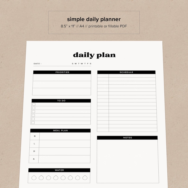 Simple Minimal Black and White Daily Planner Digital Download or Print ...